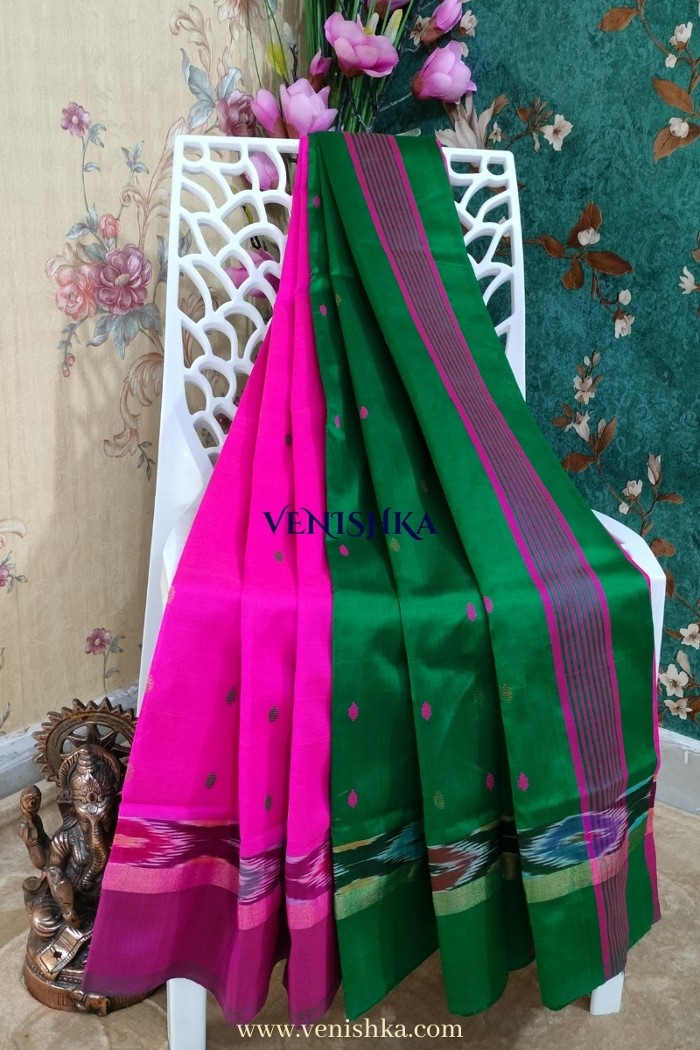Uppada Silk With Pochampally Border - Pink & Dark Green | Venishka.com
