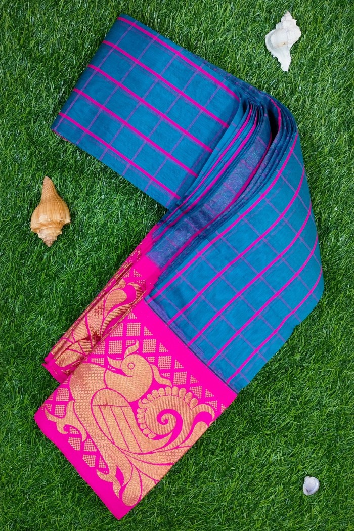 Discover the Silk Cotton Self Line Checked Sea Blue fabric at venishka.com