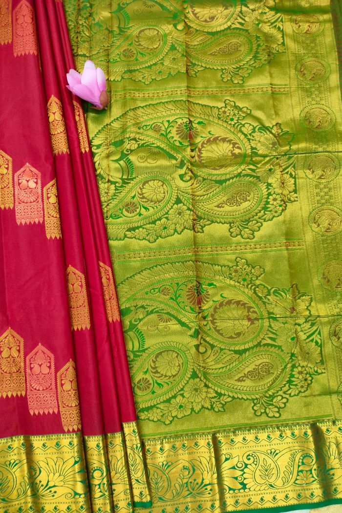 Traditional Red and Green Silk Saree with Gold Zari | Perfect for ...