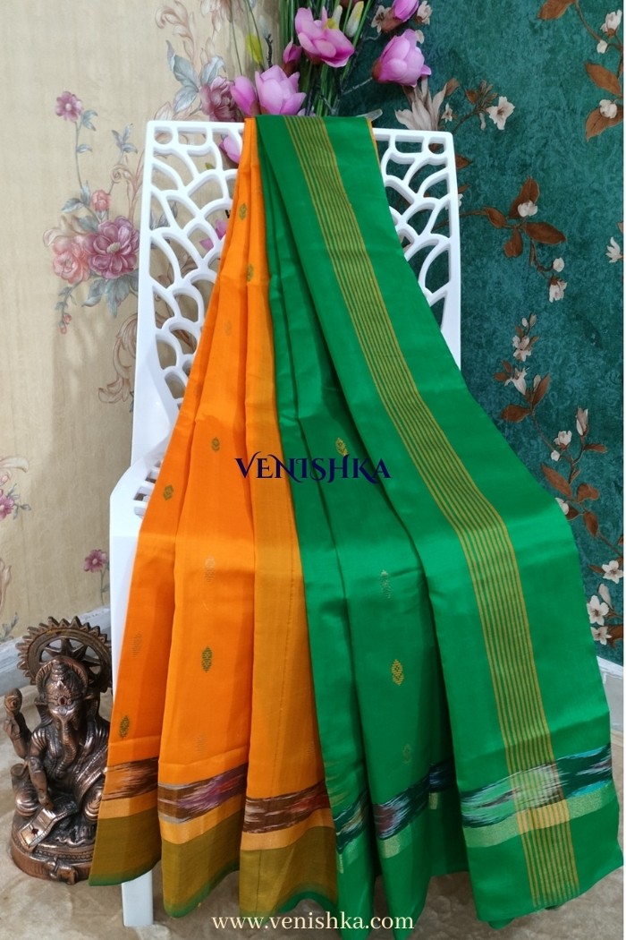 Uppada Silk With Pochampally Border - Marigold & Dark Green | Venishka.com