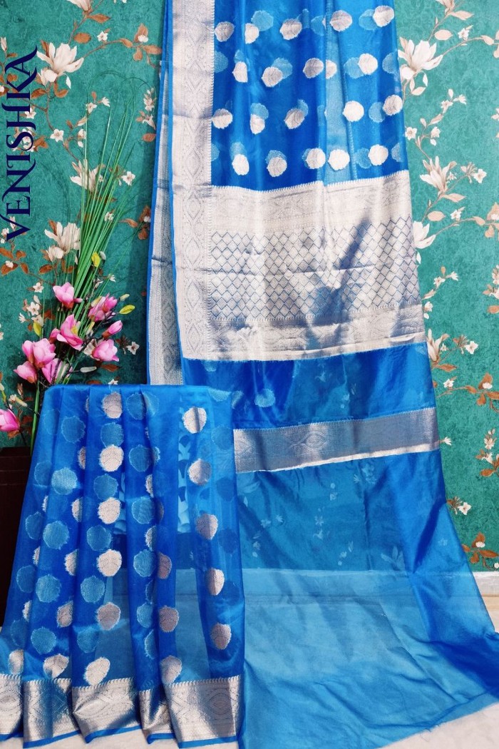 Blue Handloom Kora Organza Saree at Venishka.com