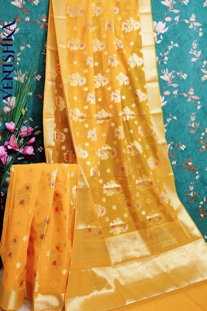Get the Perfect Handloom Semi Georgette Fancy Saree Yellow at venishka.com