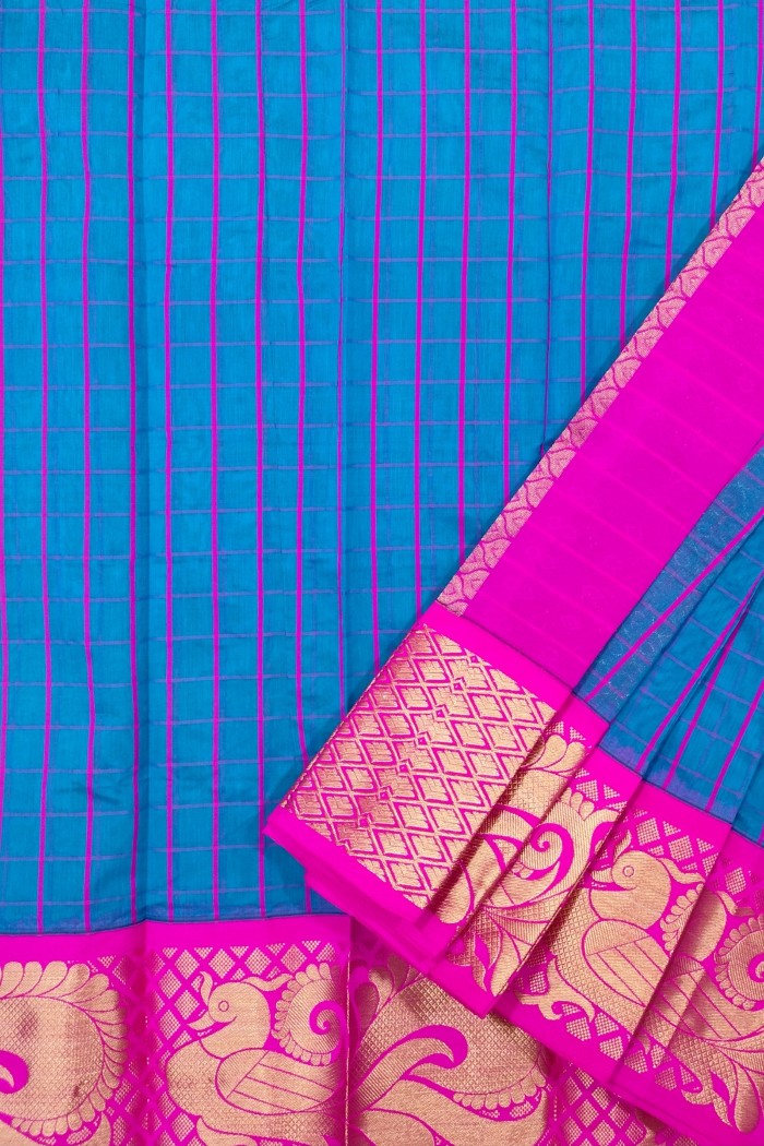 Discover the Silk Cotton Self Line Checked Sea Blue fabric at venishka.com