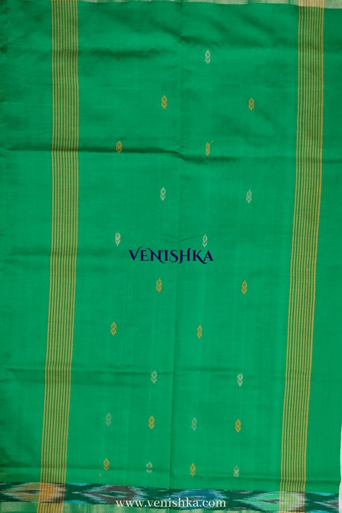 Uppada Silk With Pochampally Border - Marigold & Dark Green | Venishka.com