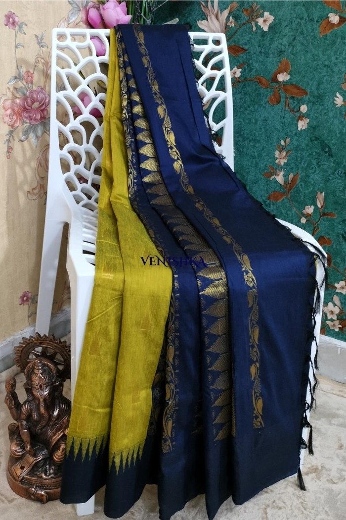 Kalyani Cotton Saree - Olive Green and Dark Blue (Cool Black) at ...