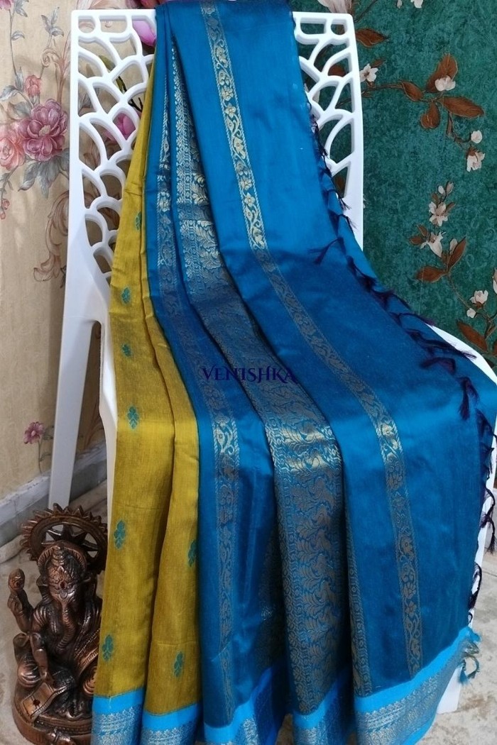 Kalyani Cotton Saree - Olive Green with Blue at Venishka.com