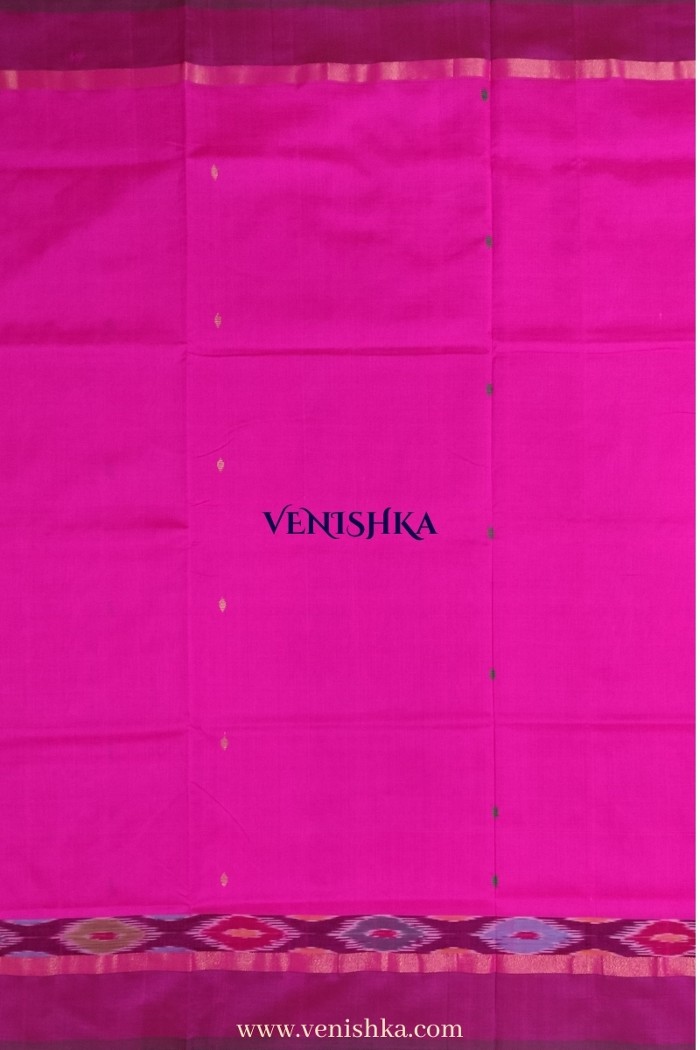 Uppada Silk With Pochampally Border - Pink & Dark Green | Venishka.com