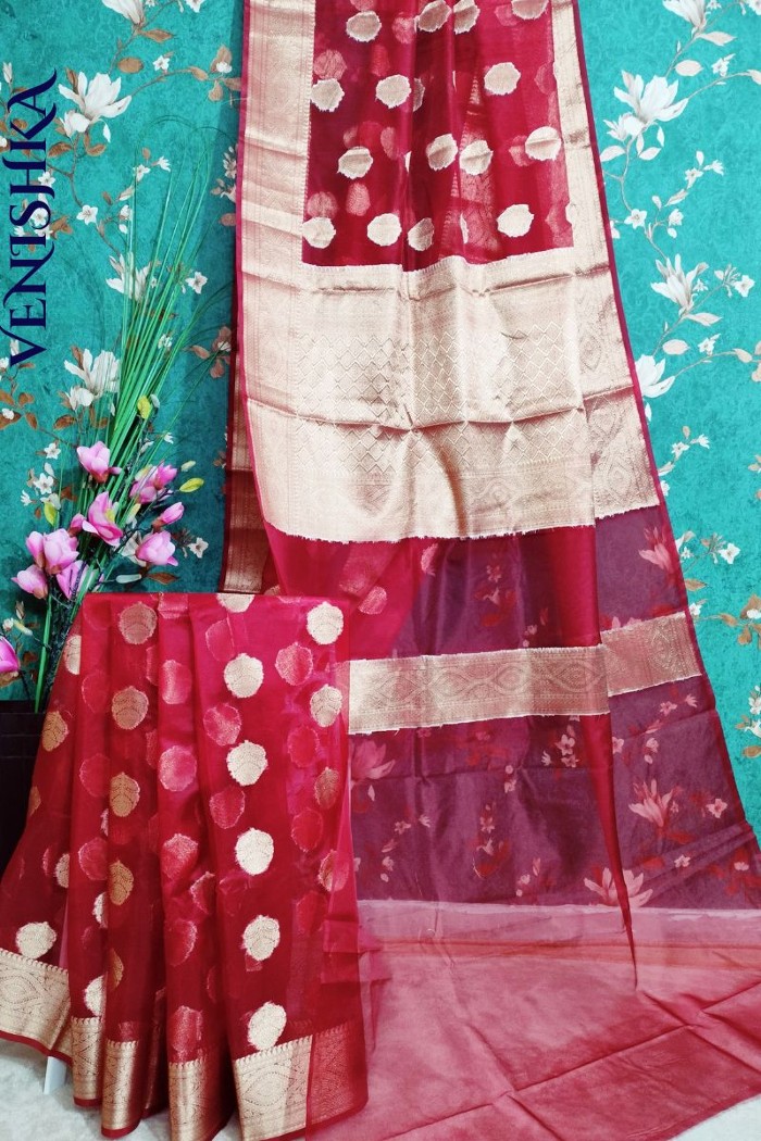 Discover the Elegance of Handloom Kora Organza Fancy Saree in Maroon at ...