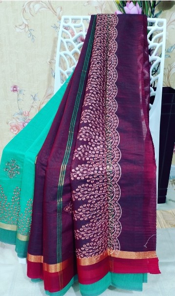 Silk Cotton Light Green With Purple - Venishka.com