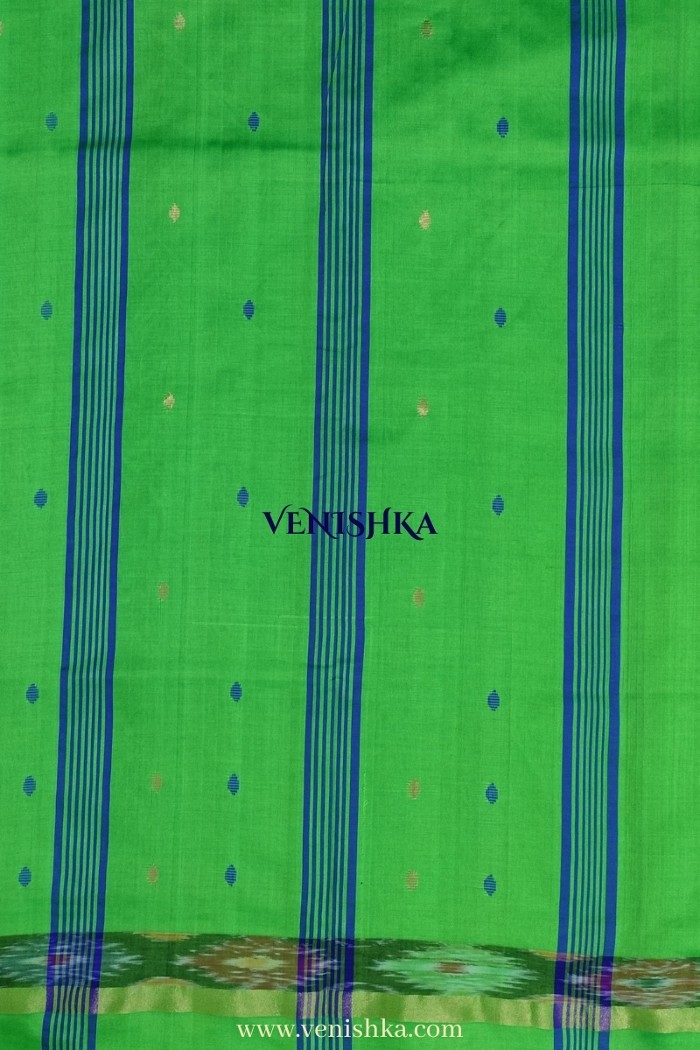 Uppada Silk With Pochampally Border - Blue & Light Green | Venishka.com