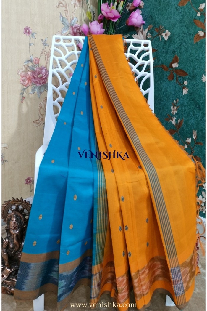 Uppada Silk with Pochampally Border - Light Blue & Dark Yellow ...