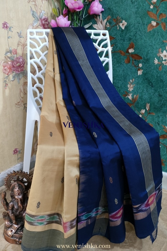 Uppada Silk Saree with Pochampally Border in Light Brown - Venishka.com