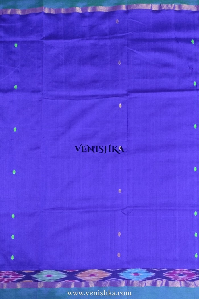 Uppada Silk With Pochampally Border - Blue & Light Green | Venishka.com